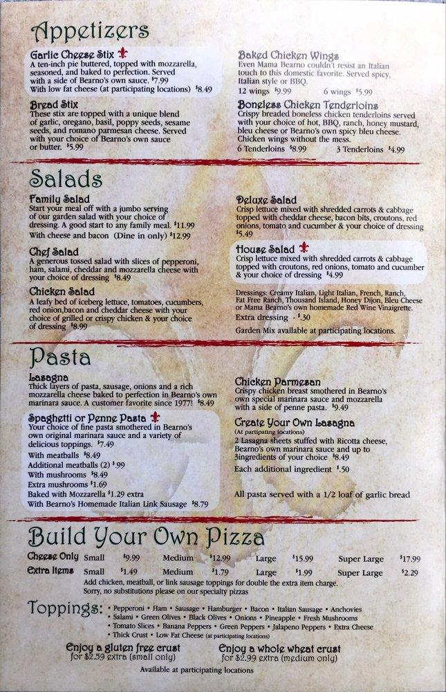 Menu at Bearno's Pizza of Middletown restaurant, Louisville, English ...