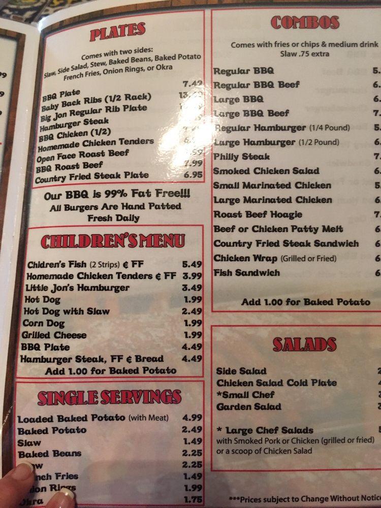 Menu at Jon Boy's Smoke House BBQ, Roanoke