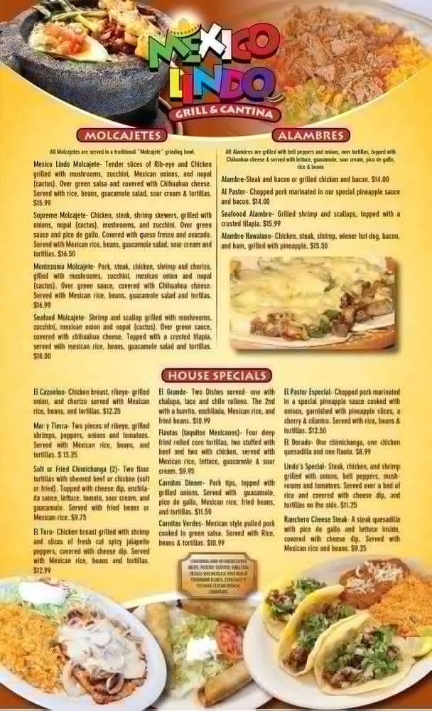 Menu at Mexico Lindo Grill & Cantina restaurant, West Branch, 711 S ...