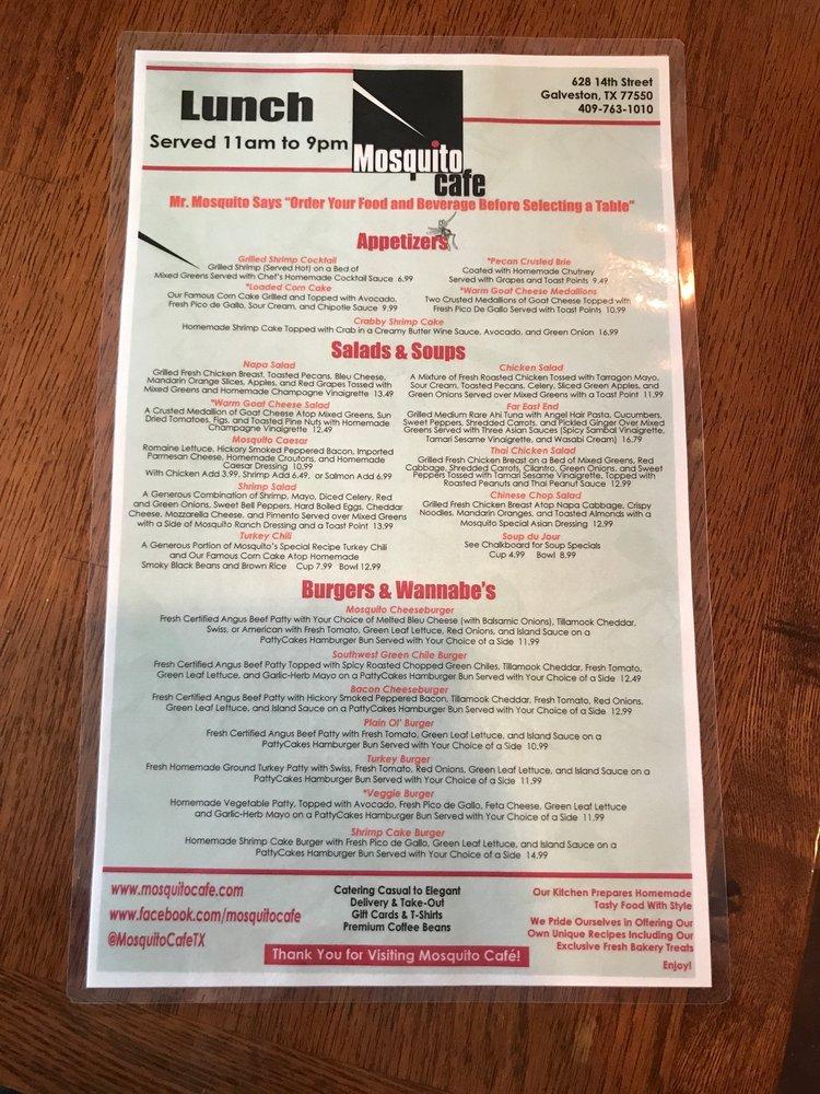 Menu at Mosquito Cafe, Galveston