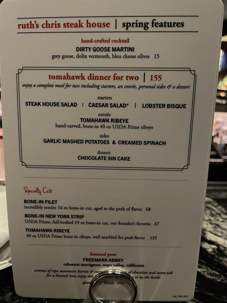Menu at Ruth's Chris Steak House pub & bar, Tulsa, Riverside Pkwy