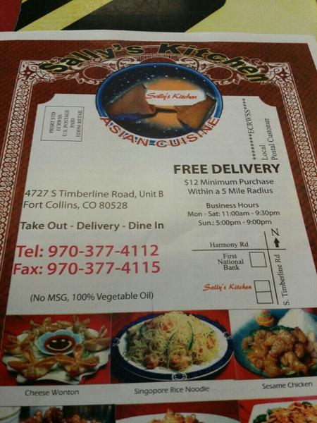 Menu at Sally's Kitchen restaurant, Fort Collins