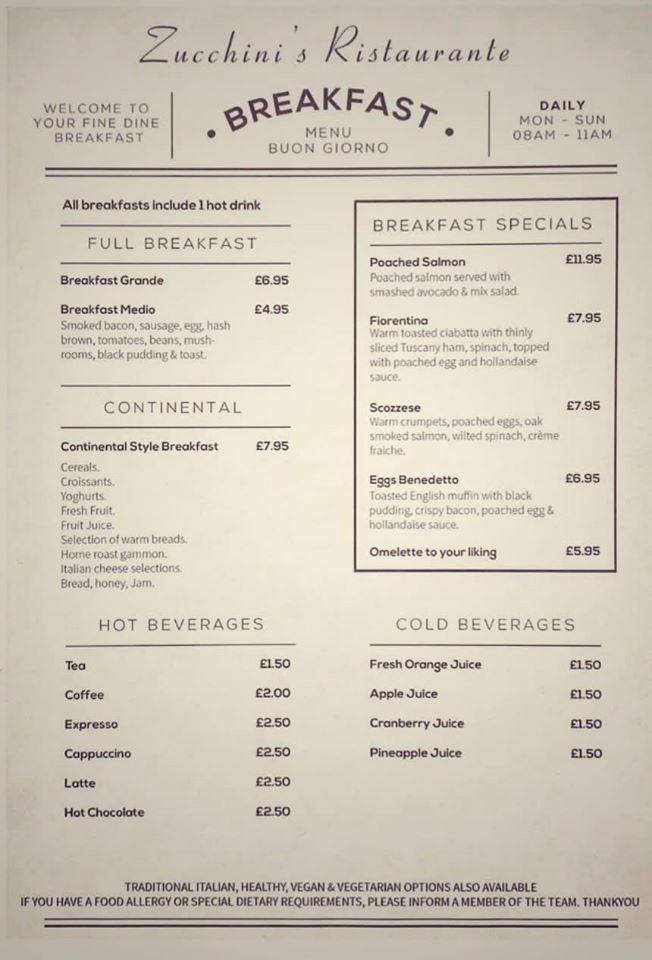 Menu at Zucchinis Restaurant, Batley