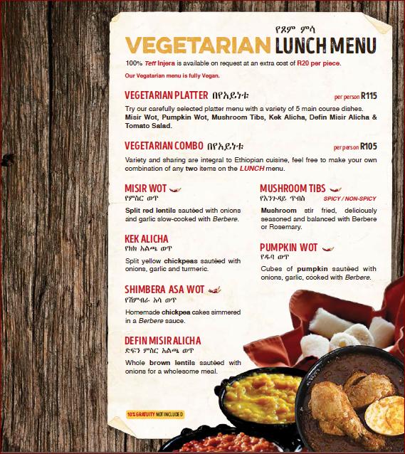 Menu at Addis in Cape Ethiopian Restaurant, Cape Town