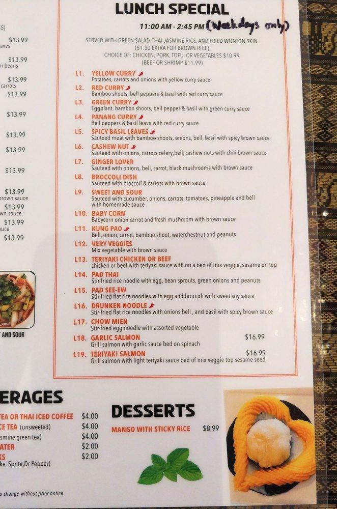 Menu at Bull Thai AZ restaurant, Bullhead City