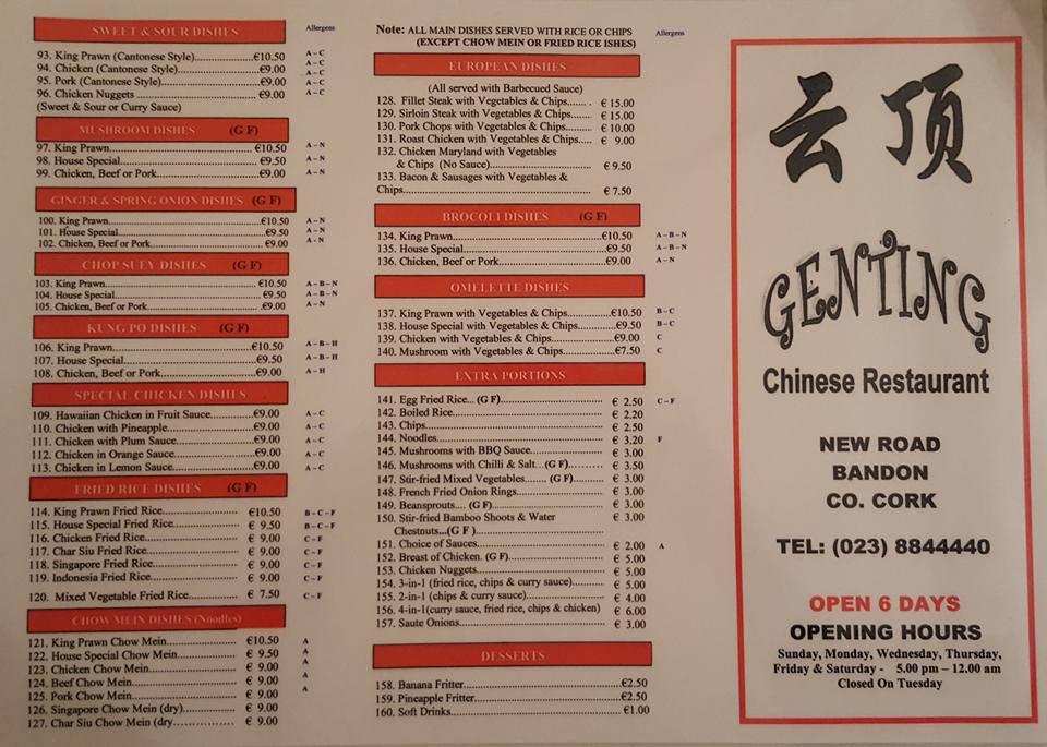 Menu at Genting Chinese Restaurant, Bandon