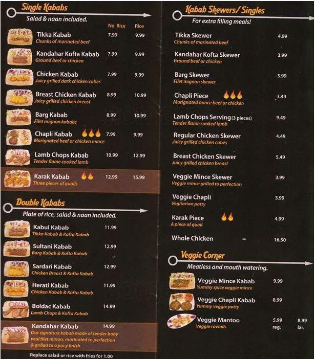 Menu at Kandahar Kabab restaurant, Toronto, 45 Overlea Blvd #180