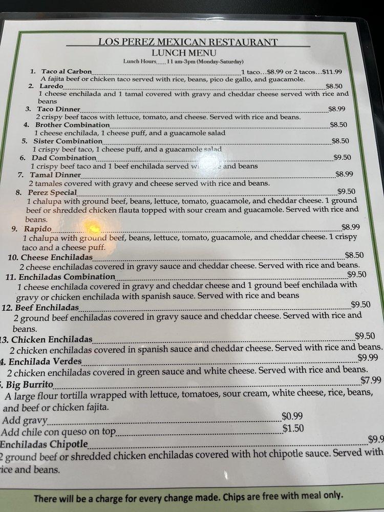 Menu at Los Perez restaurant, Katy