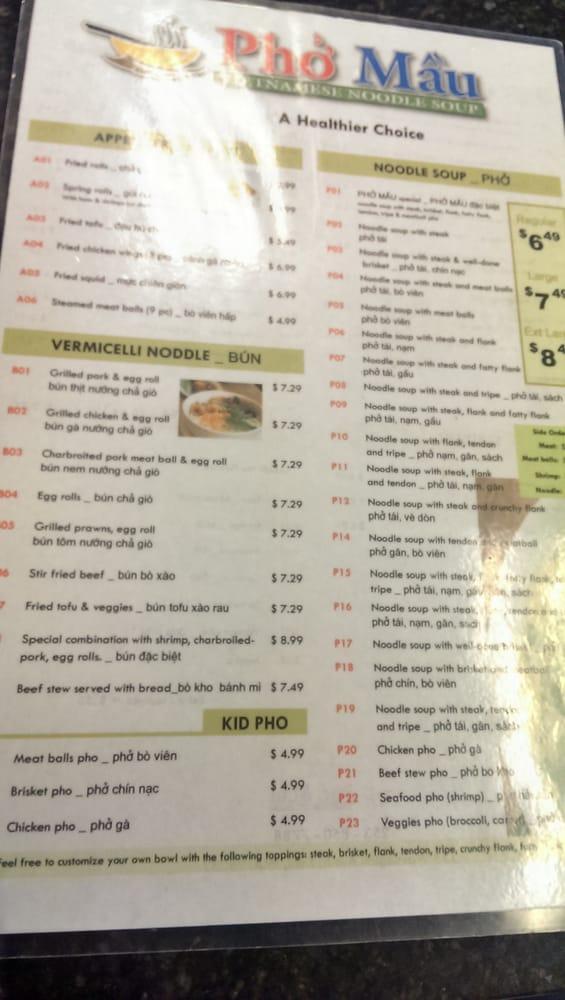 Menu at Pho Mau restaurant, Kent, 138 Washington Ave N