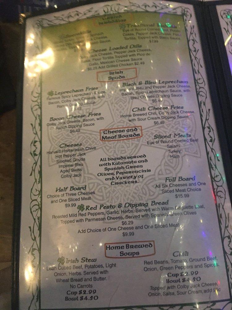 Menu at Sonka Irish Pub, Terre Haute