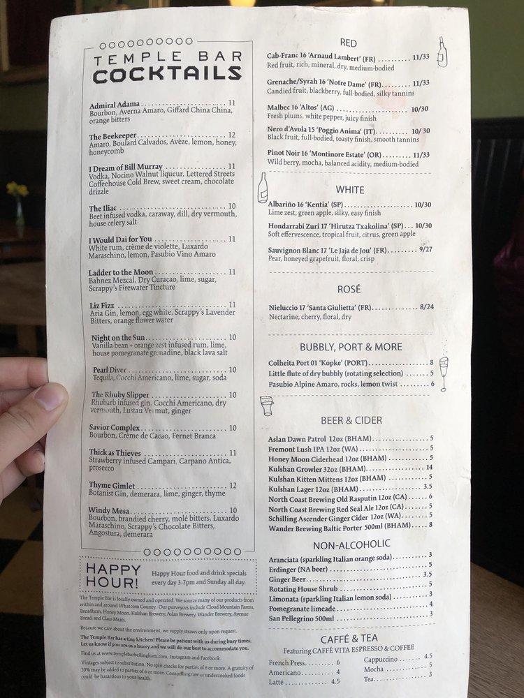 Menu at The Temple Bar, Bellingham