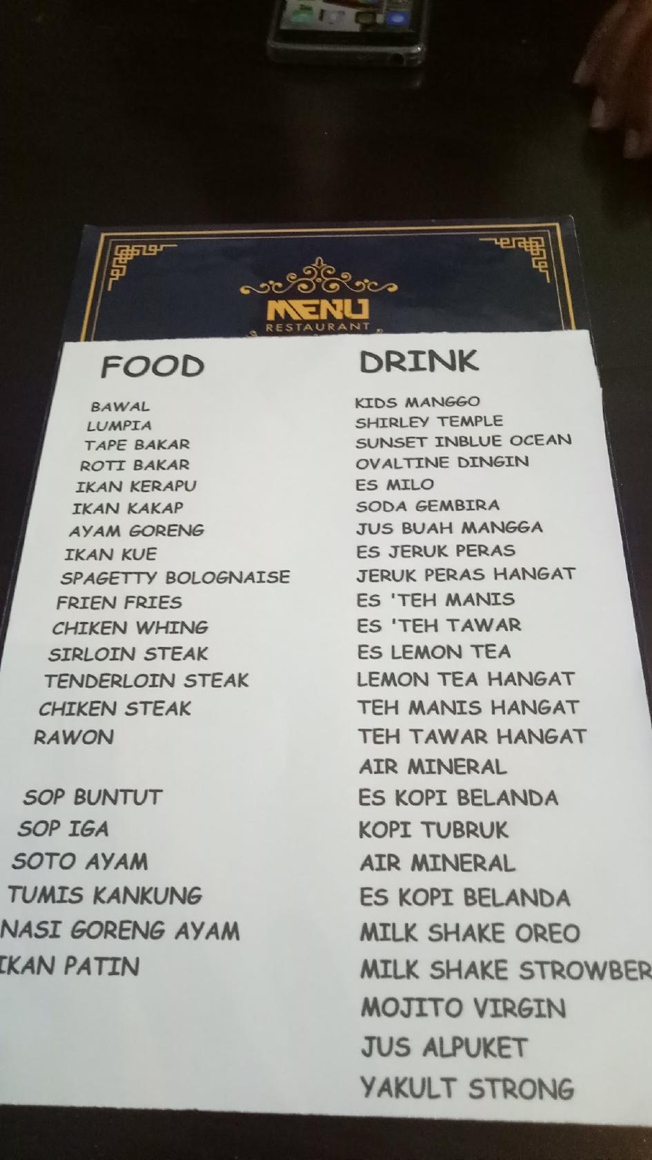 Menu at ATM Waroeng Rayat Nusantara restaurant, Bekasi Regency