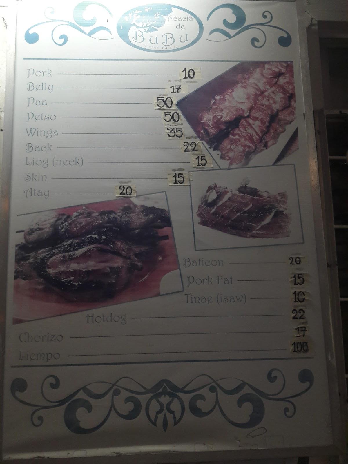 Menu at Acacia De Bubu restaurant, Tagbilaran City, 67 V. P. Inting Ave