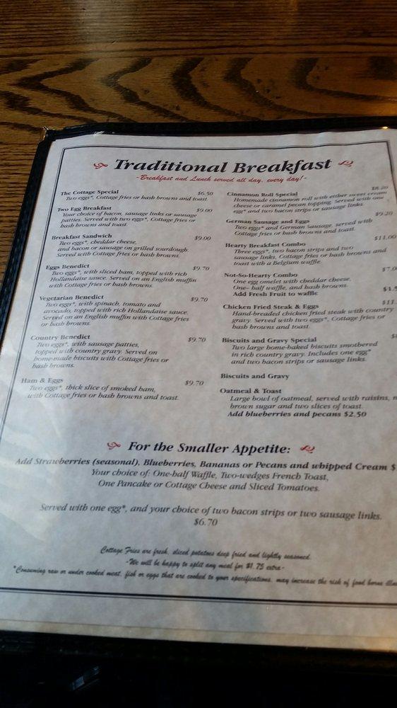 Menu at Cottage Cafe, Spokane Valley