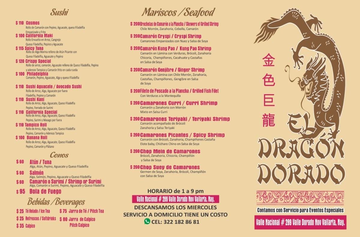 Menu at Dragon Dorado Valle Dorado restaurant, Nuevo Vallarta