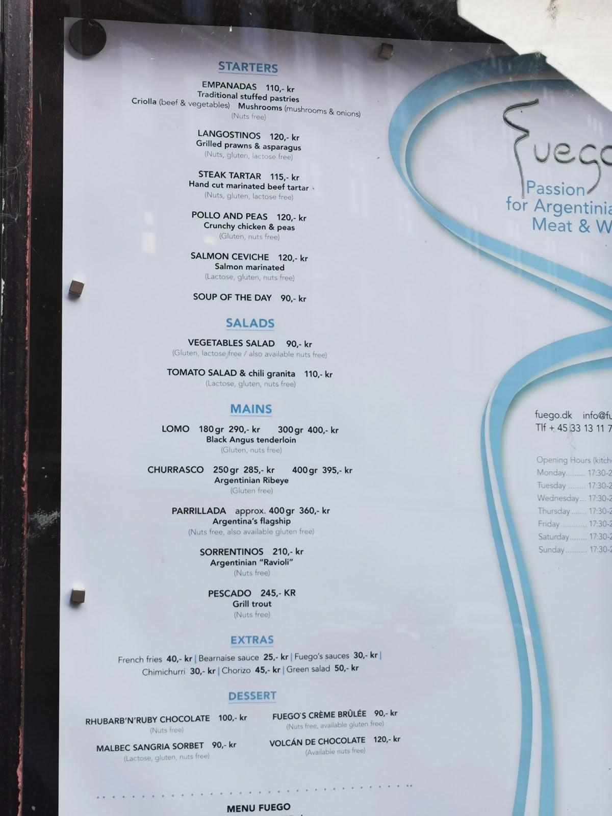 Menu at Fuego restaurant, Copenhagen