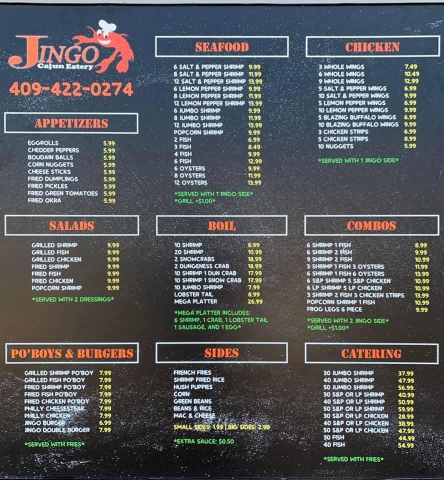 Menu at Jingo Cajun Eatery restaurant, Vidor