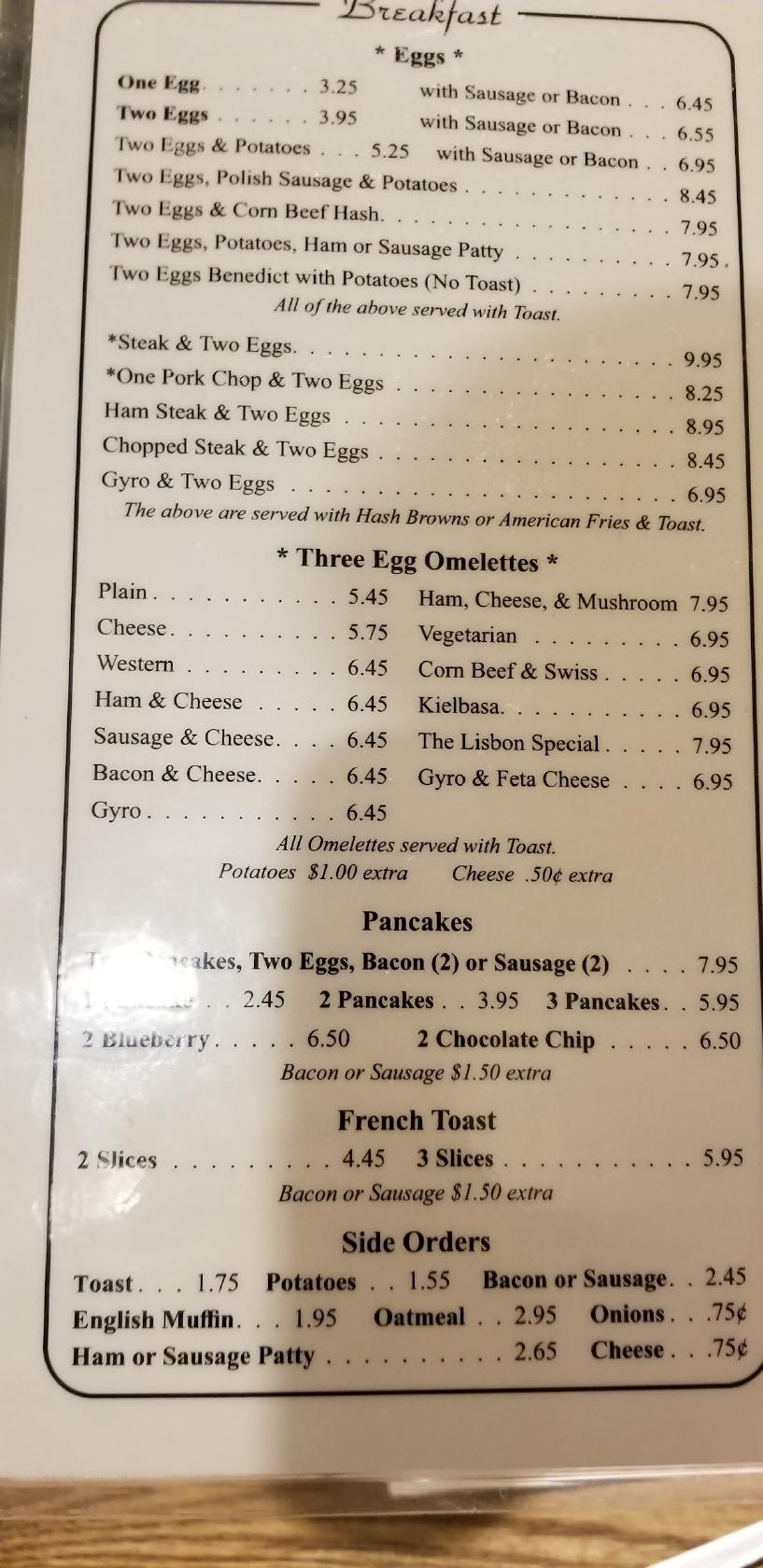 Menu at Lisbon Cafe, Milwaukee, W Lisbon Ave