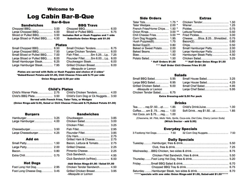 Menu at Log Cabin Bar BQue, Albemarle