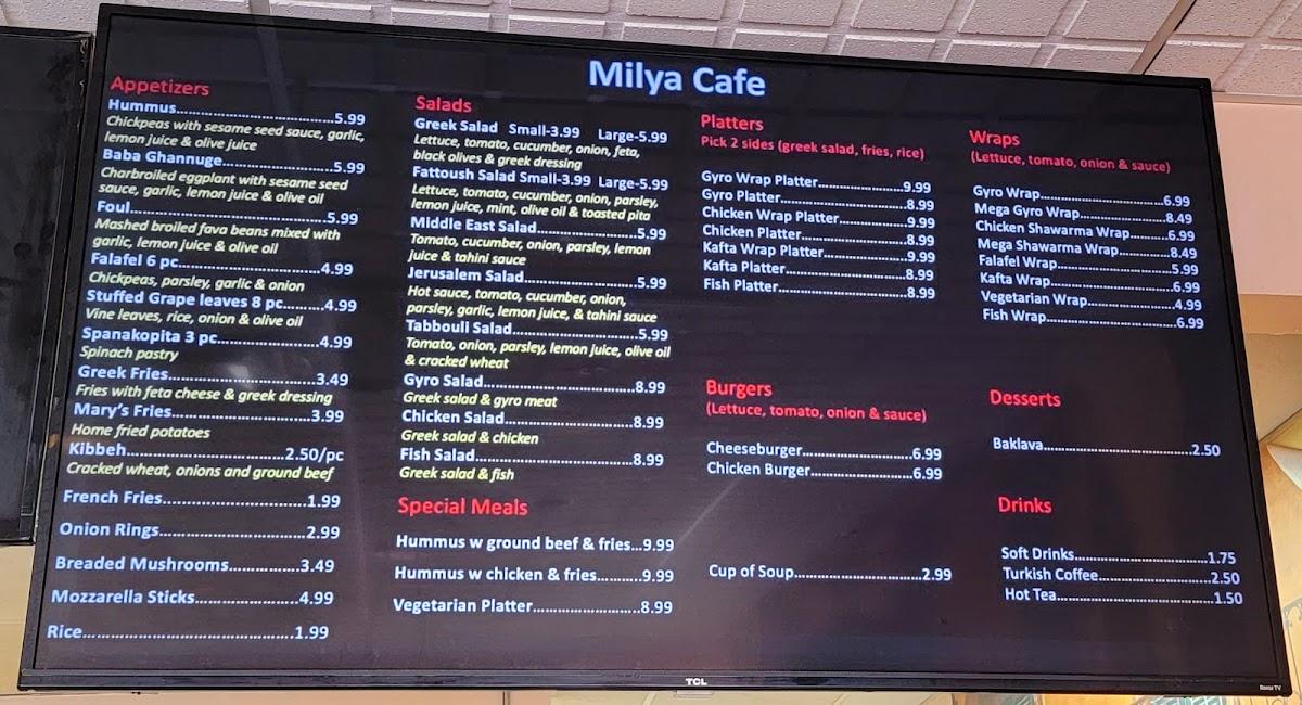 Menu at Milya Cafe, Blue Ash
