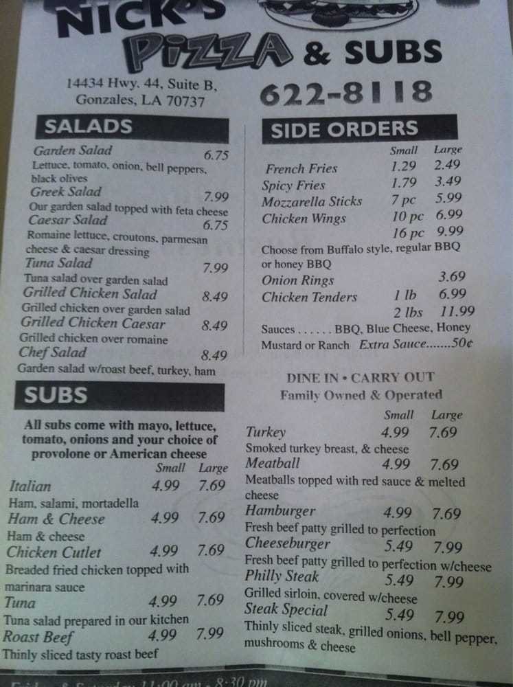 Menu at Nick's Pizza & Subs pizzeria, Gonzales