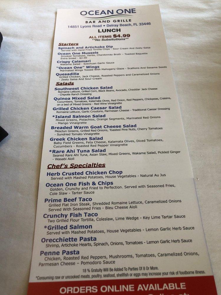 Menu at Ocean One Bar & Grille, Boca Raton
