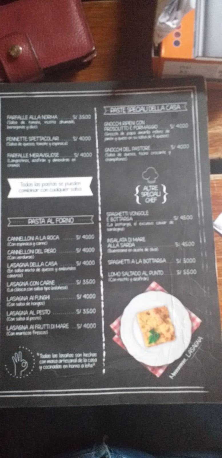 Menu at Punto Italiano restaurant, Santiago de Surco, El Grifo 150A