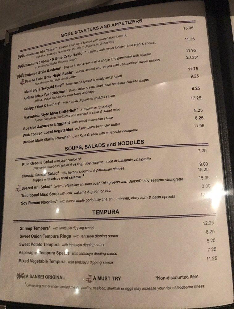 Menu at Sansei Seafood Restaurant & Sushi Bar, Kapalua