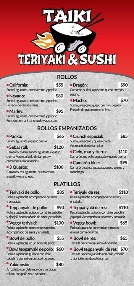 Menu at Taiki Teriyaki & sushi restaurant, Ensenada