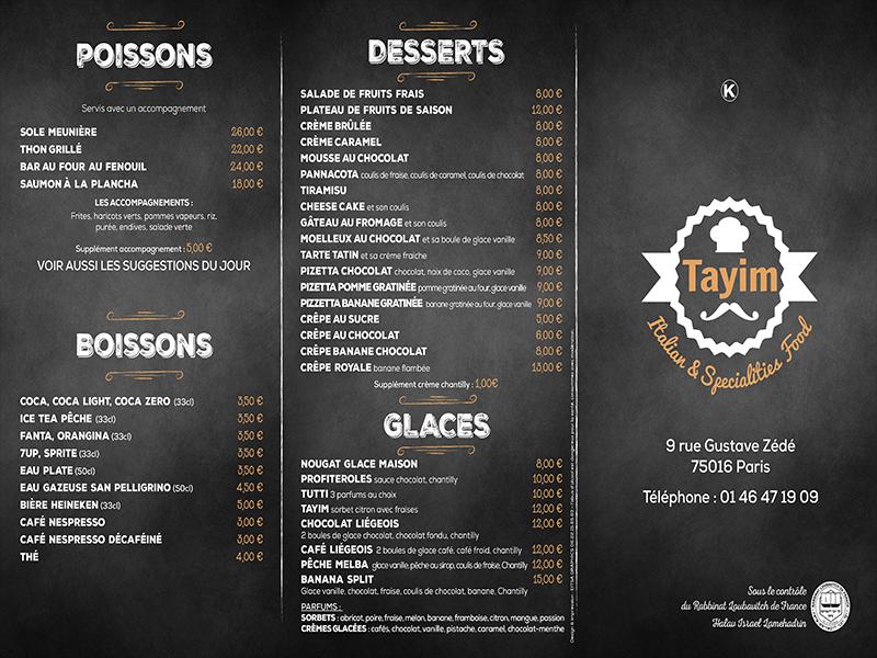 Menu at Tayim pizzeria, Paris