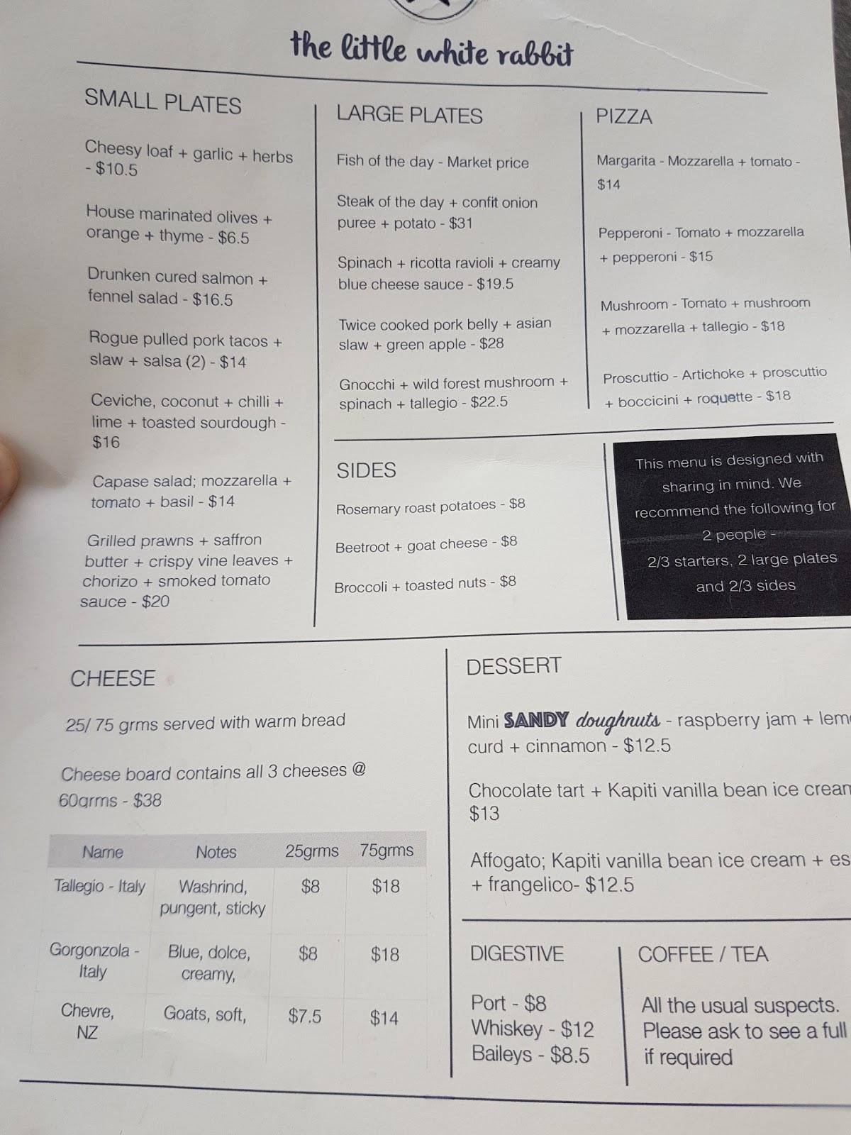 Menu at The Little White Rabbit cafe, Foxton Beach