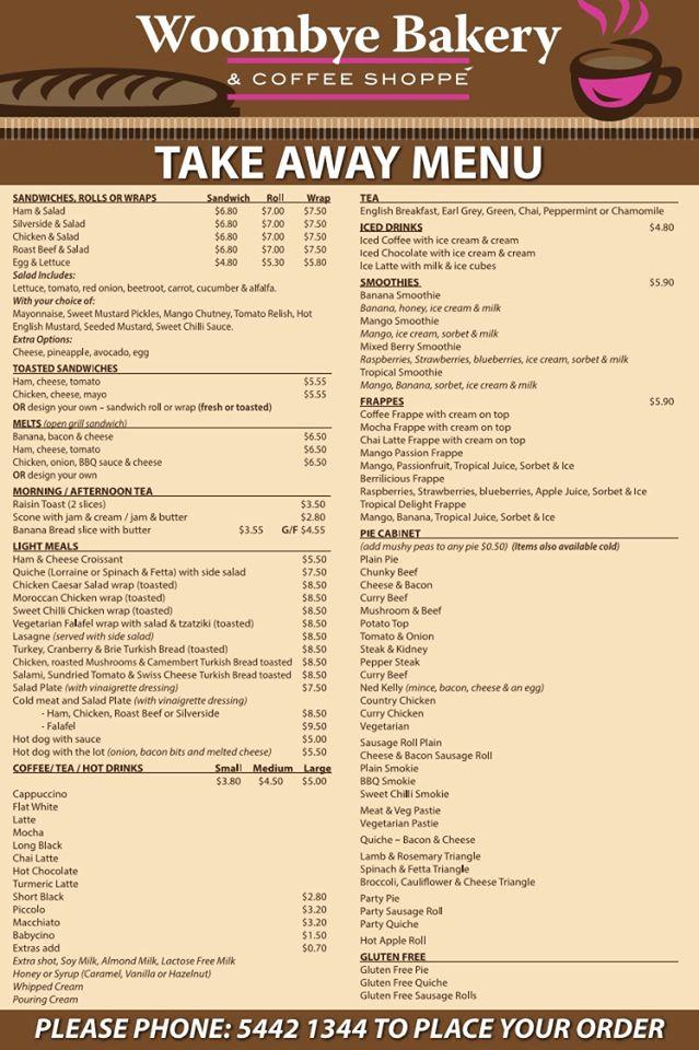 Menu at Woombye Bakery, Woombye