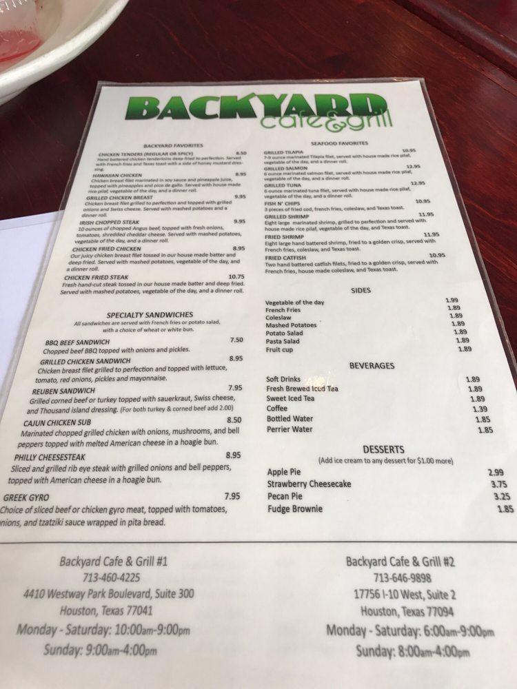 Carta de Backyard Cafe & Grill, Houston, Westway Park Blvd