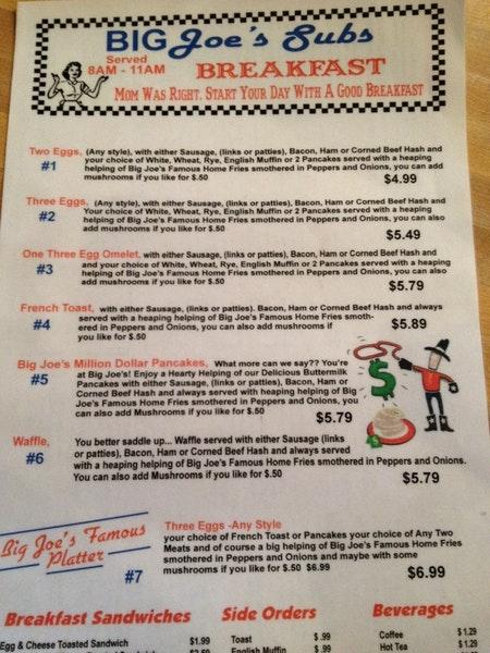 Menu at Big Joe's Subs restaurant, New Smyrna Beach