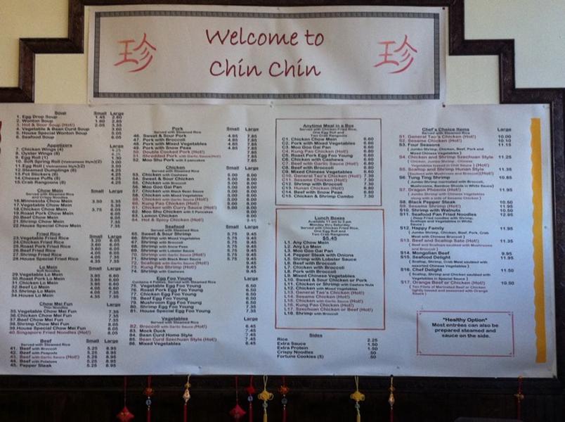 Menu at Chin Chin restaurant, West Saint Paul
