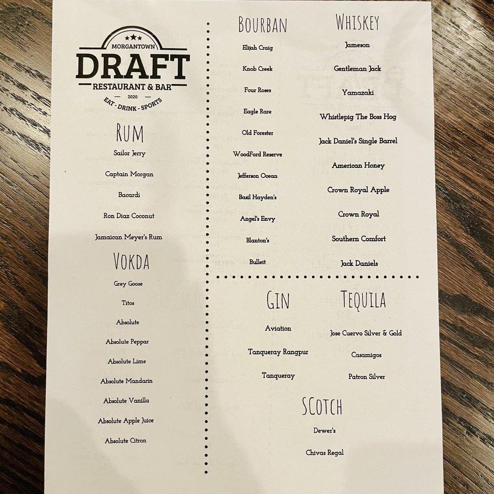 Menu at Draft pub & bar, Morgantown