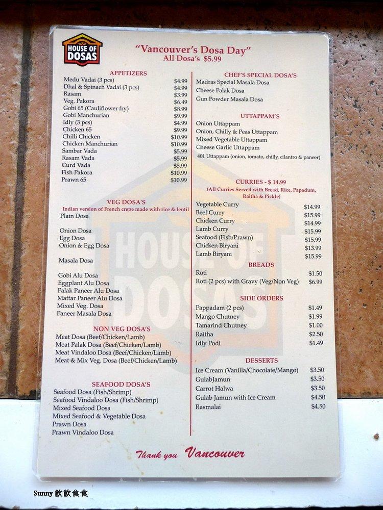 Menu at House Of Dosas restaurant, Vancouver