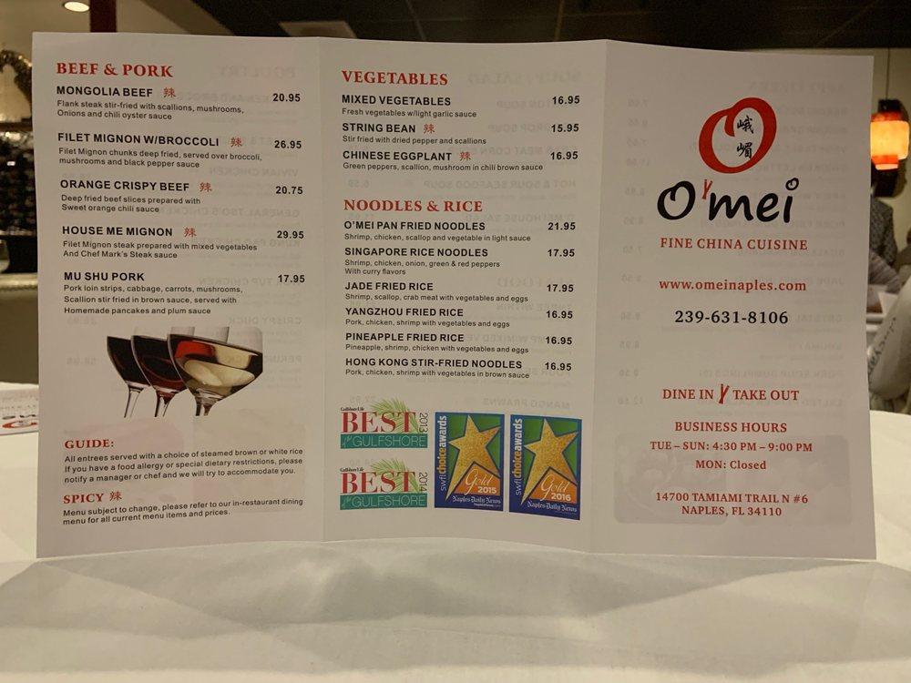 Menu at O'mei Chinese Cuisine restaurant, North Naples, Tamiami Trail N