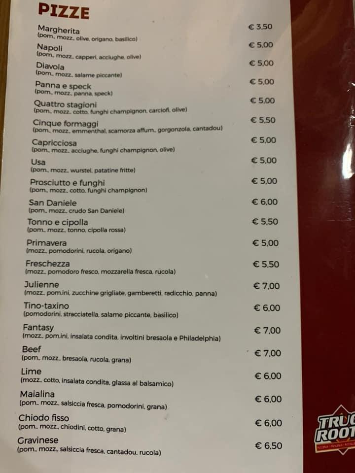 Menu at True roots pizzeria, Gravina in Puglia