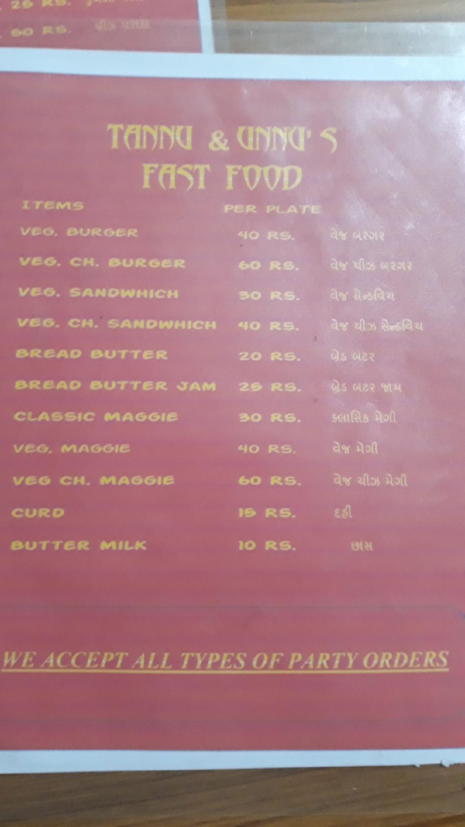 Menu at Tannu & Unnu's Fast Food, Jamnagar