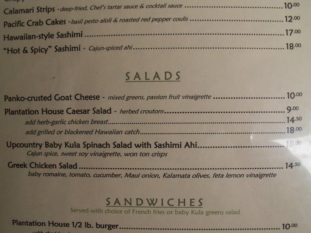 Menu at The Plantation House pub & bar, Kapalua
