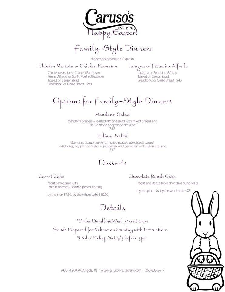 Menu at Caruso's Restaurant, Angola