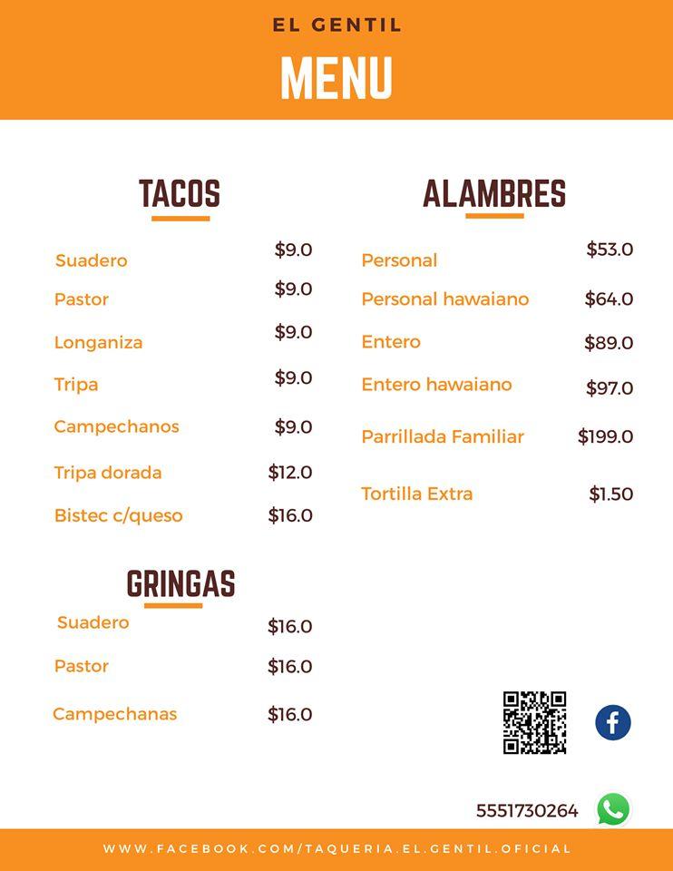 Menu at El Gentil restaurant, La Paz, Río Papaloapan 10 El Salado 56524 ...