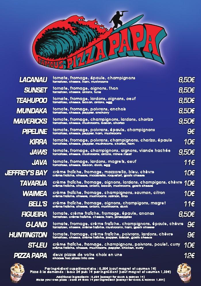 Menu au Famous pizza papa pizzeria, Lacanau