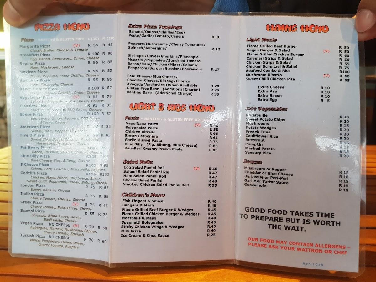 Menu at Fat Henrys restaurant, Caledon