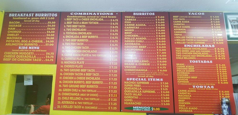Menu at Gilberto's Taco Shop restaurant, Arlington