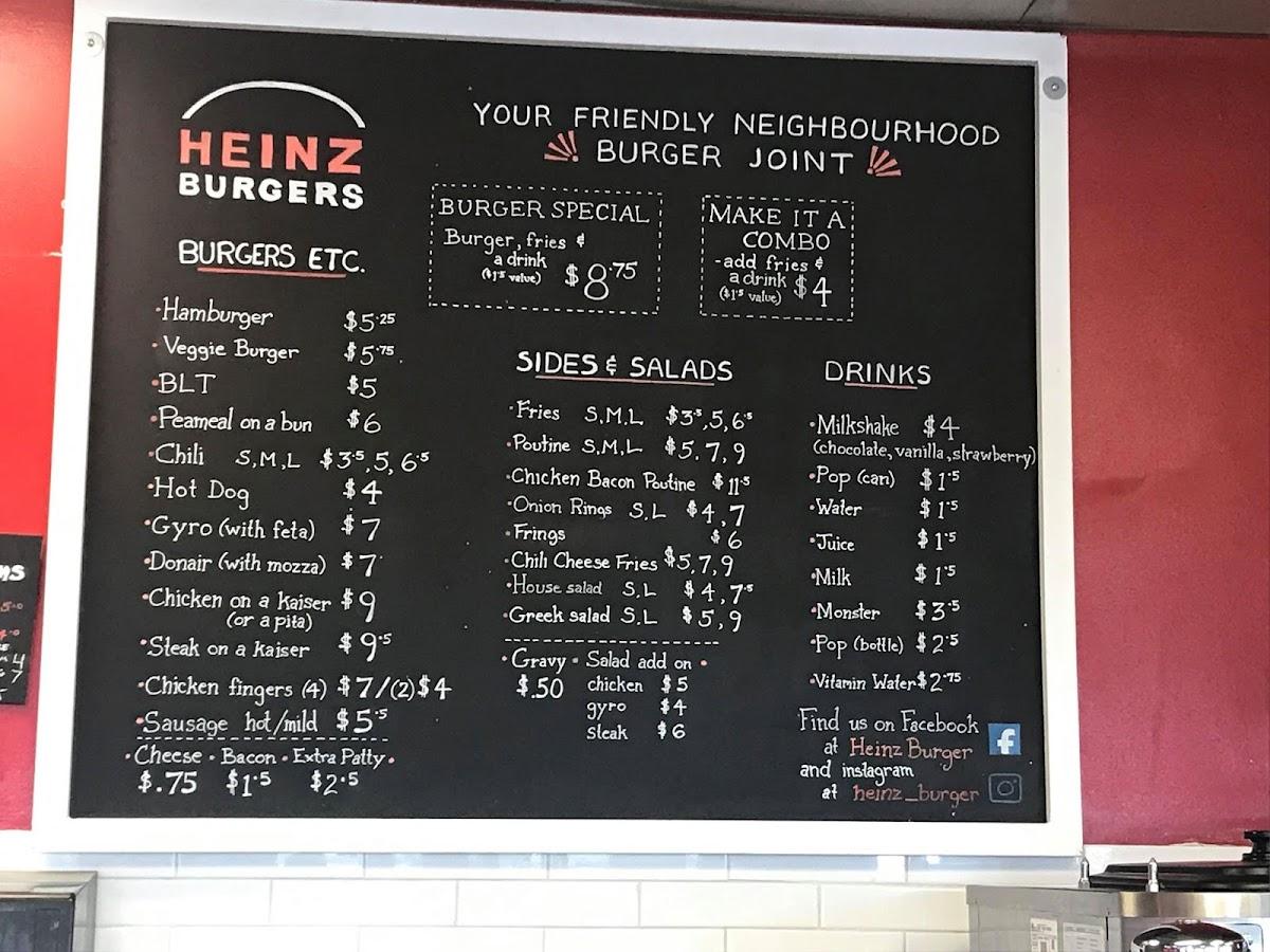 Menu at Heinz Burger Co. restaurant, Barrie