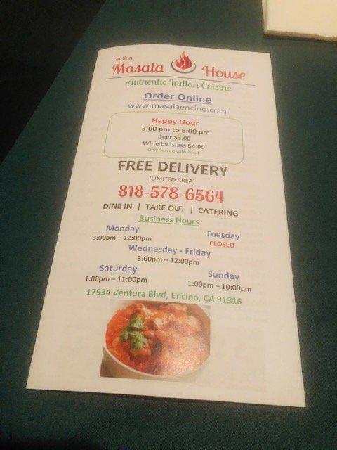 Carta del restaurante Indian Masala House, Los Angeles, Ventura Blvd