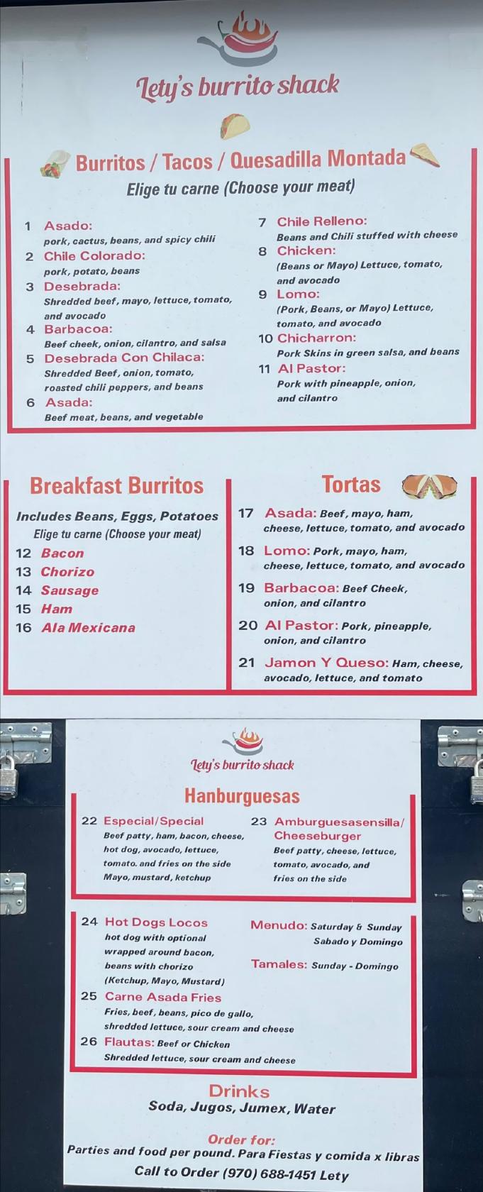 Menu at Lety’s Burrito Shack restaurant, Gypsum