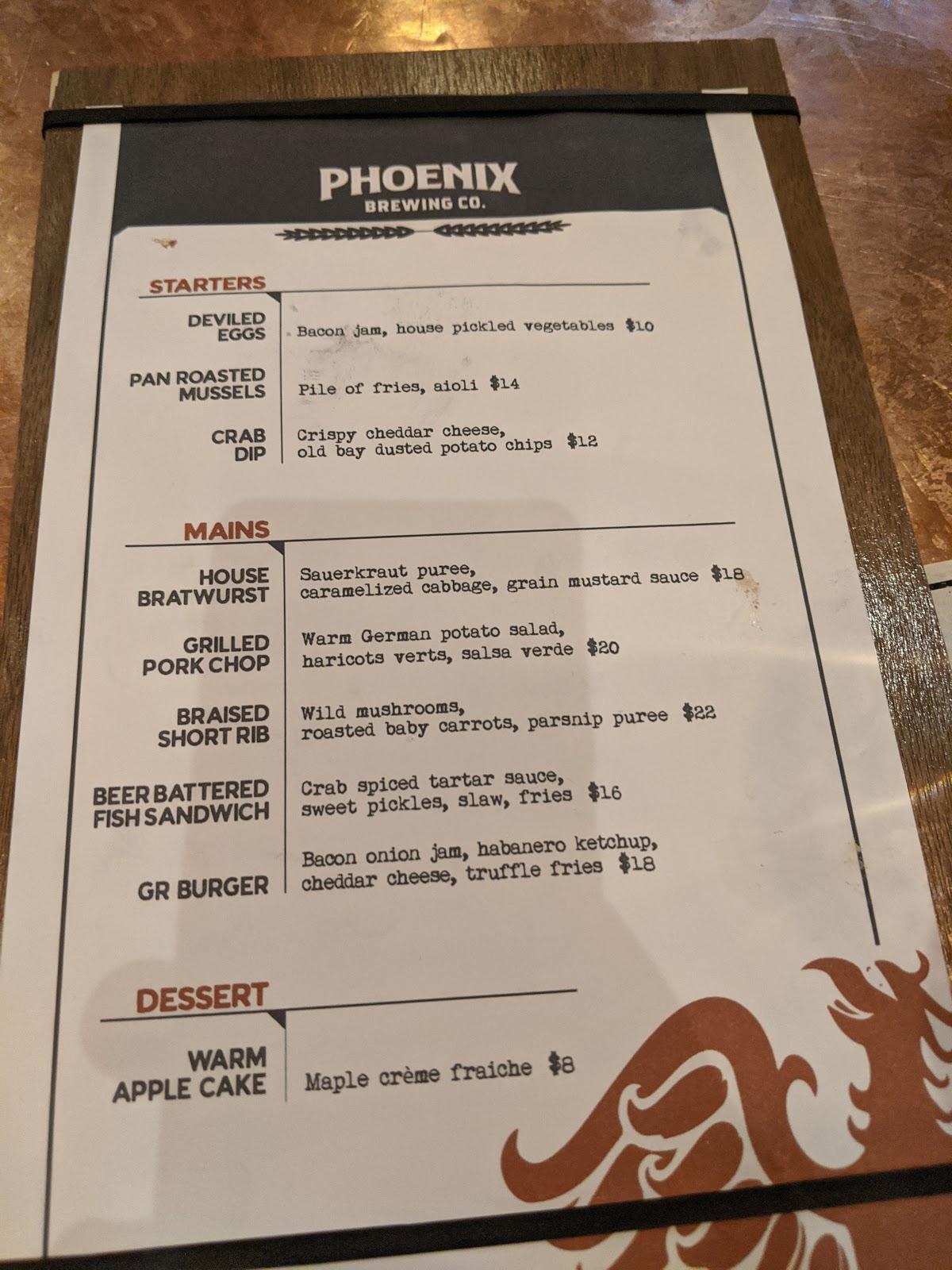 Menu at Phoenix Upper Main pub & bar, Ellicott City